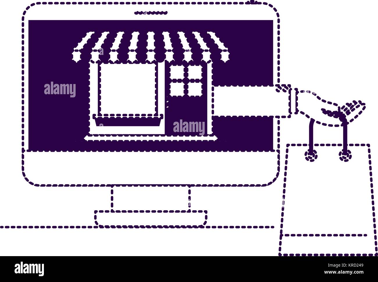 desktop computer front view with online store and shopping bag in ...