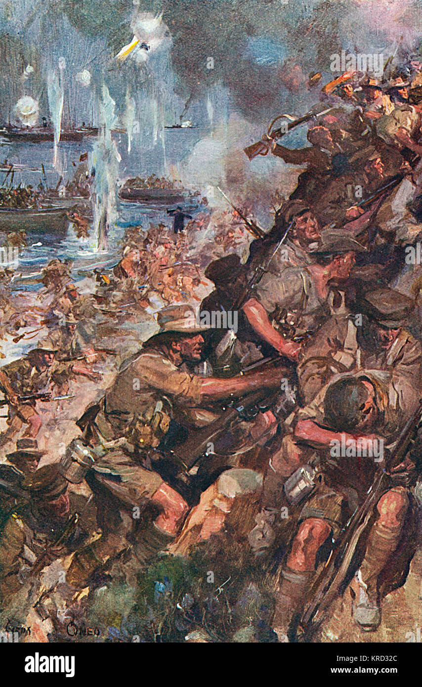 Anzac soldiers landing on the beach at Gallipoli and coming under fire ...
