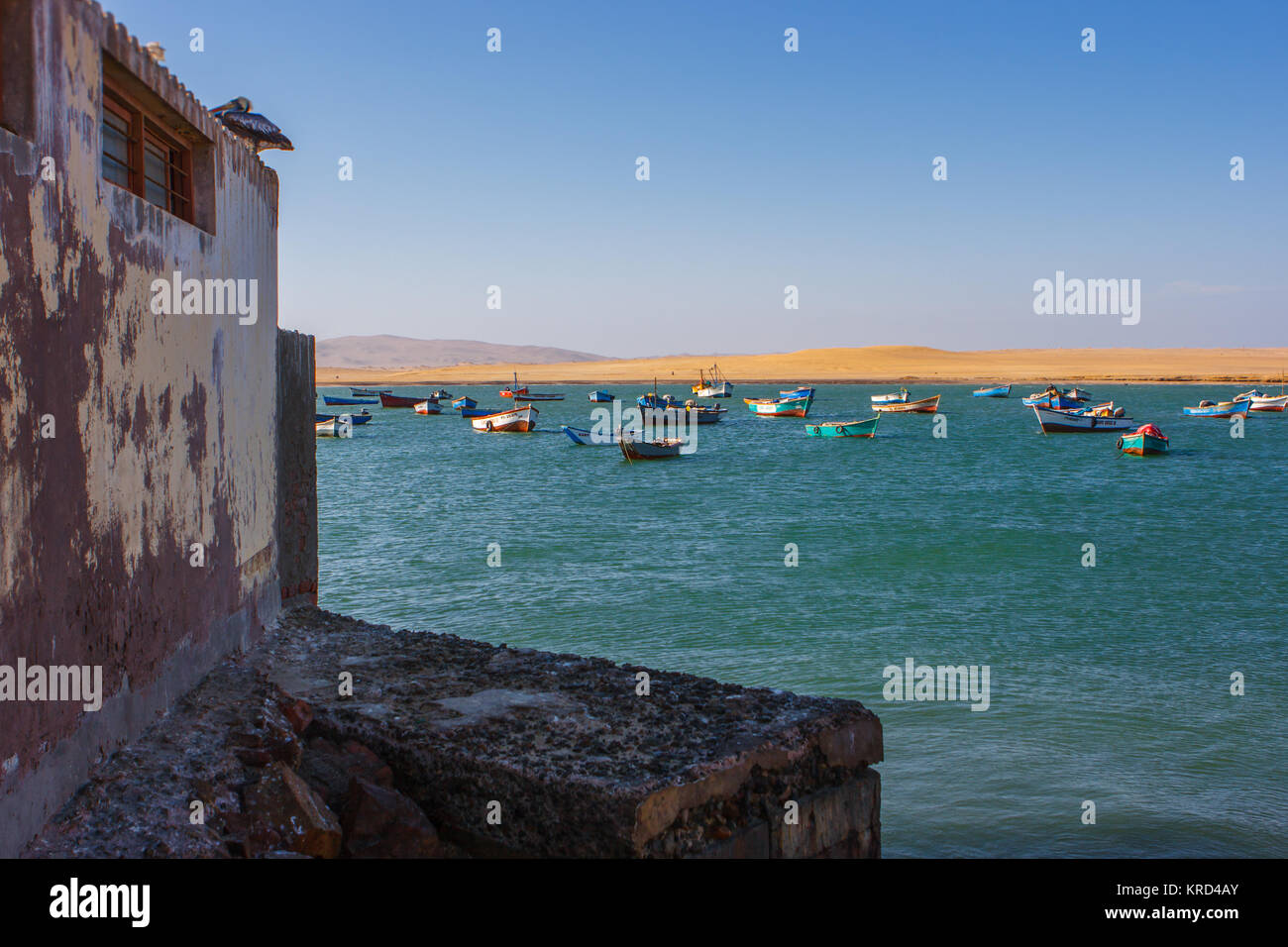 Fishing boats harbored in Lagunillas bay, Paracas Peninsula, Peru Stock ...