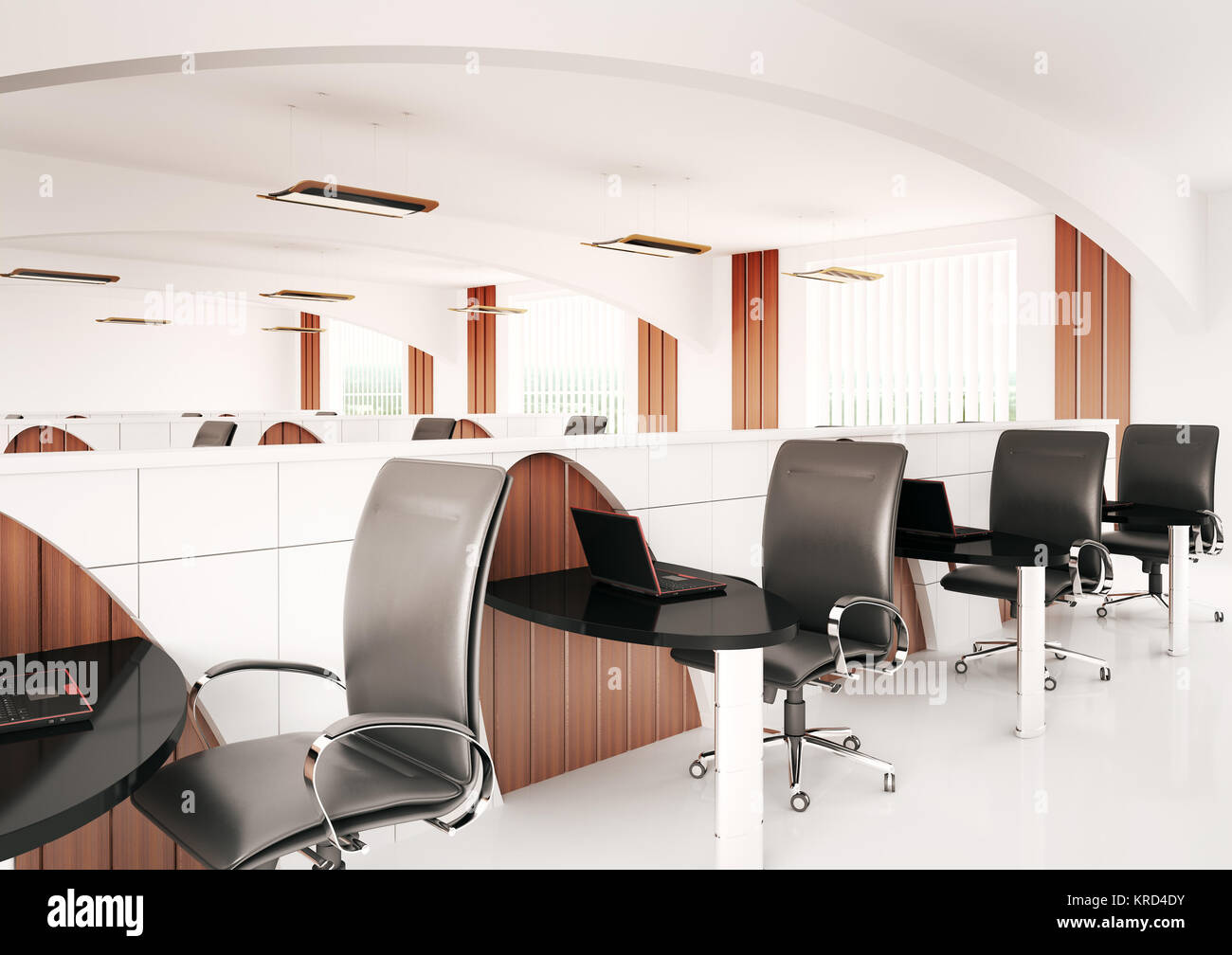 Computer office interior with laptops 3d render Stock Photo - Alamy