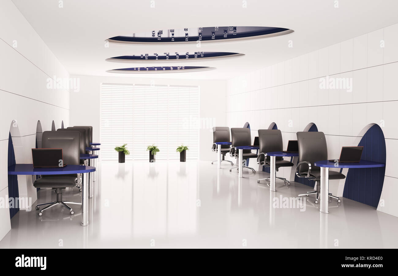 Computer office interior with laptops 3d render Stock Photo - Alamy