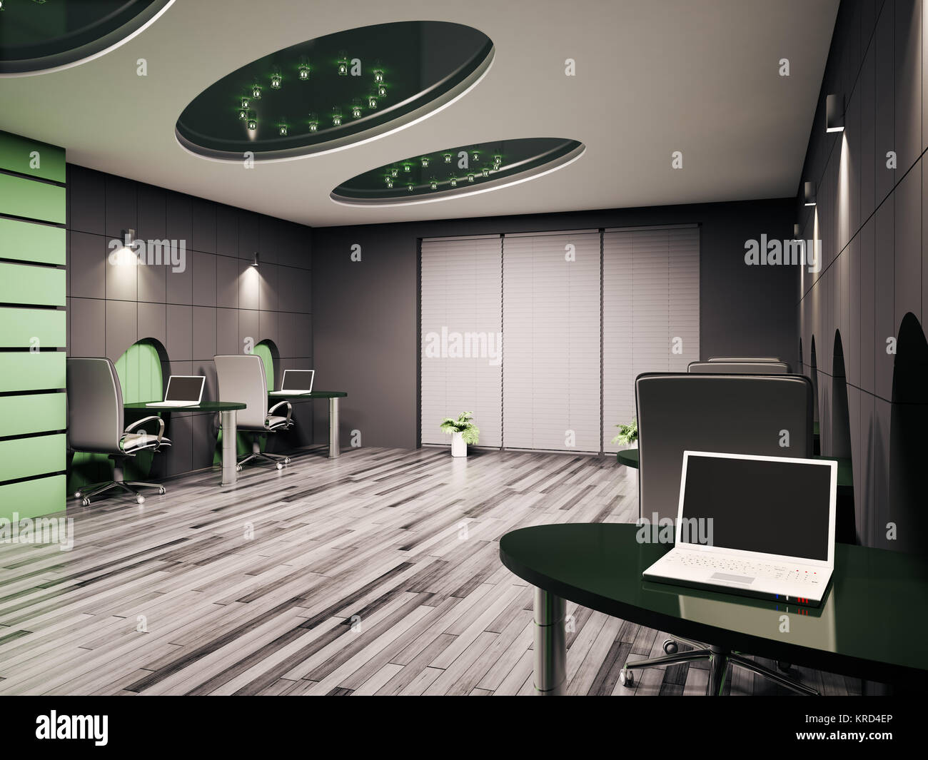 Computer office interior with laptops 3d render Stock Photo - Alamy