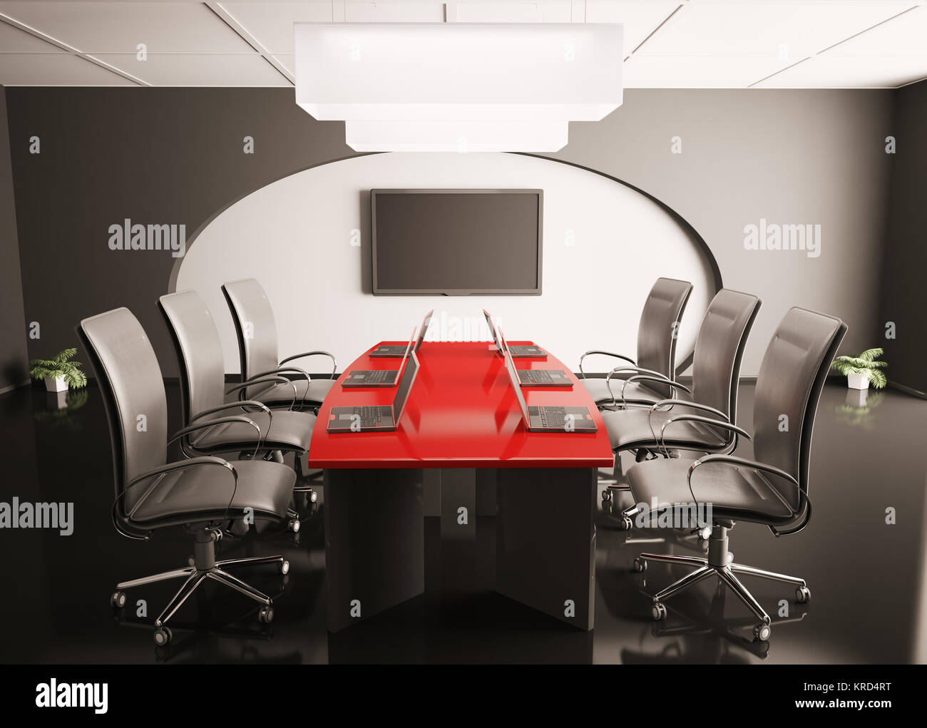 conference room with lcd and laptops on red table 3d render Stock Photo ...
