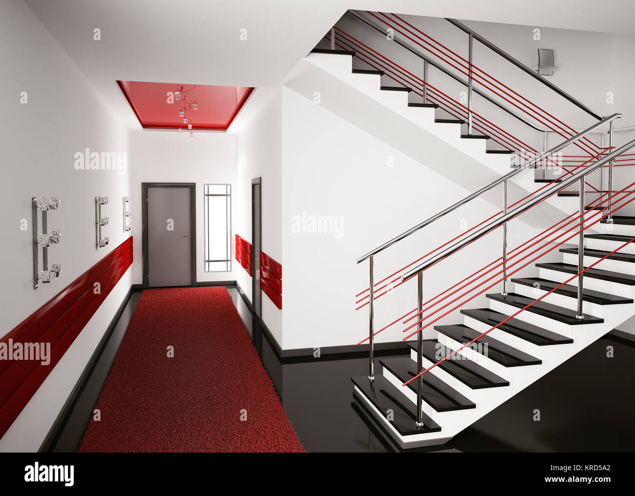 Modern interior of hall with stair 3d render Stock Photo - Alamy