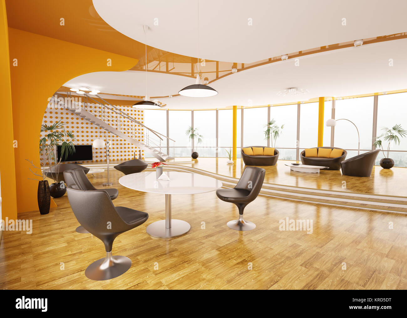 Interior design of modern apartment living room with staircase 3d ...