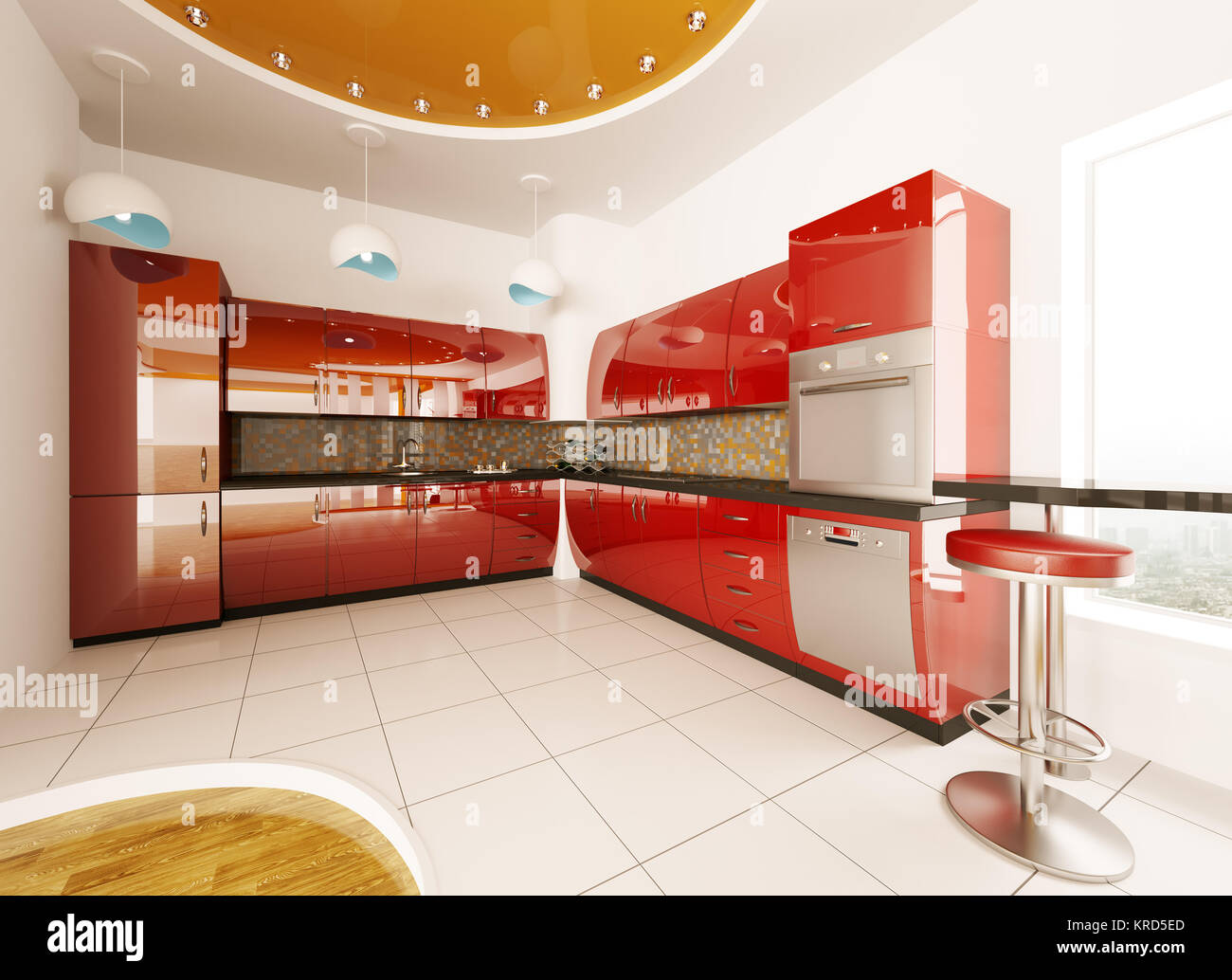 Interior design of modern red kitchen 3d render Stock Photo - Alamy