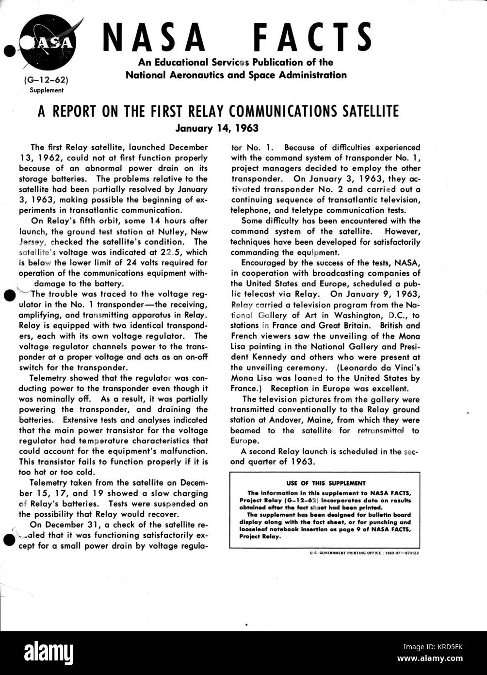 A report on the first relay communications satellite January 14, 1963 ...