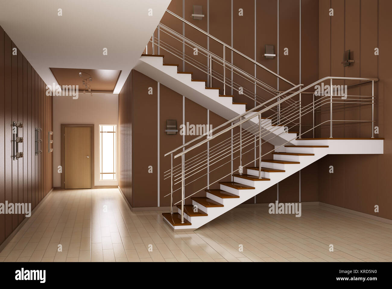 Modern interior of hall with stairs 3d render Stock Photo - Alamy