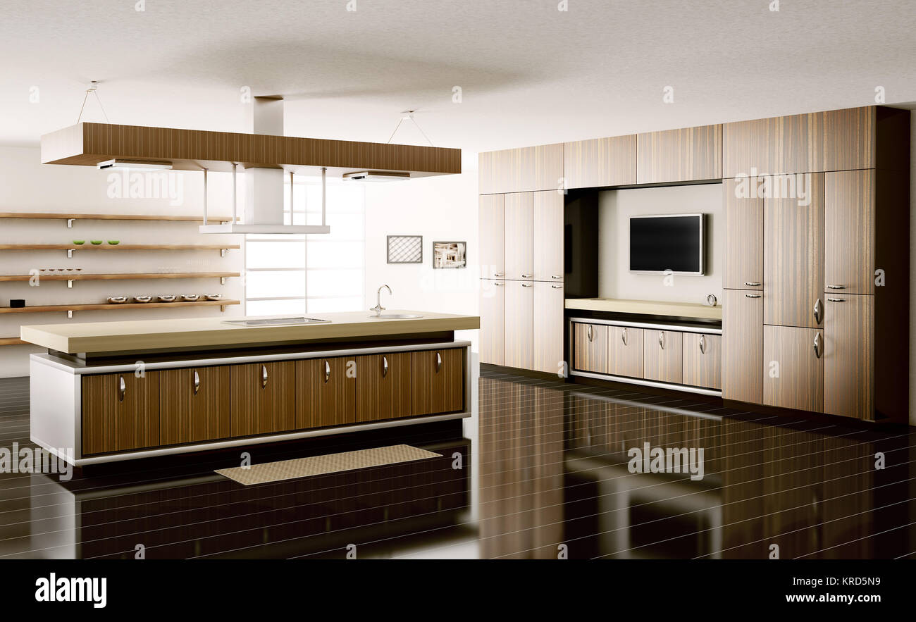 Interior of modern kitchen 3d render Stock Photo - Alamy