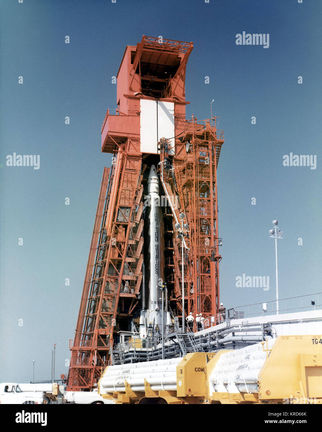 Atlas rocket with Project Fire 1 at Gantry pull back Stock Photo - Alamy
