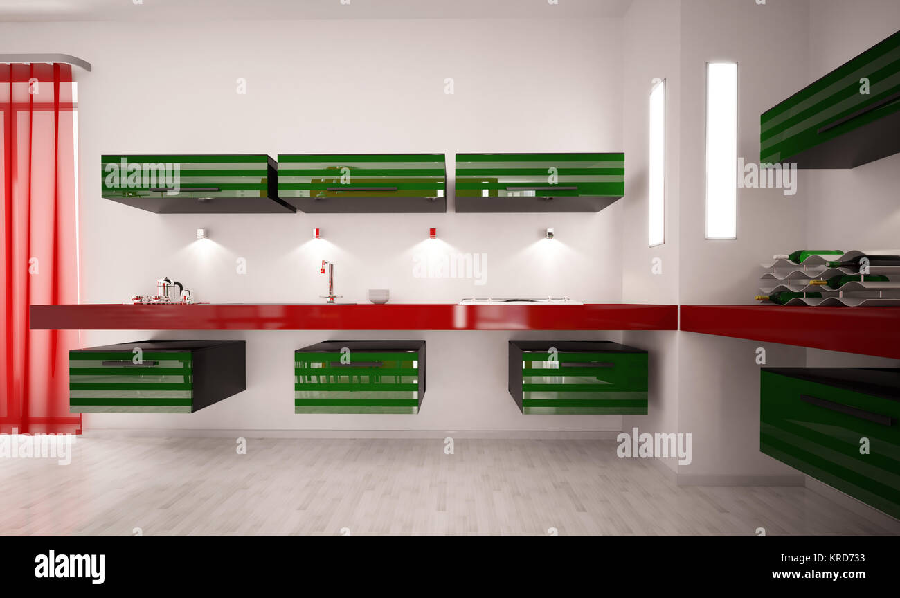 Interior of modern green red kitchen 3d render Stock Photo - Alamy