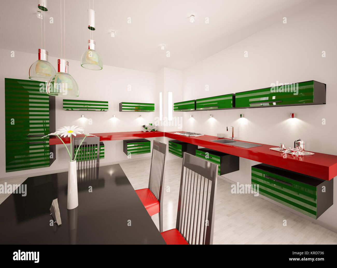 Interior of modern green red kitchen 3d render Stock Photo - Alamy