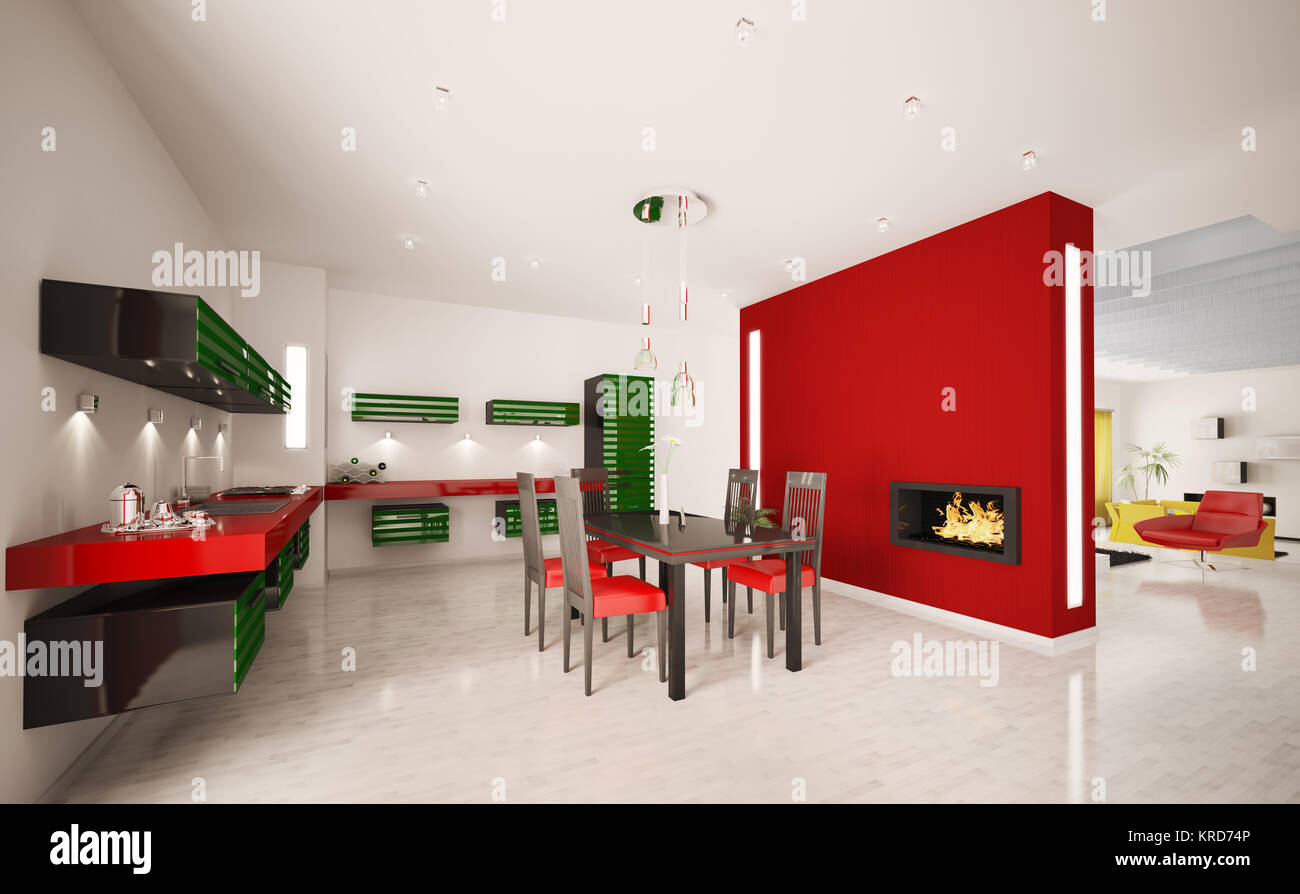 Interior of modern green red kitchen with fireplace 3d render Stock ...