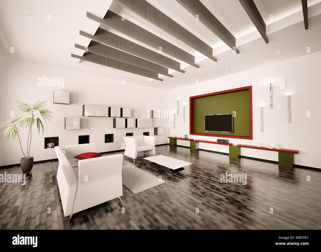 Interior of modern living room with LCD 3d render Stock Photo - Alamy