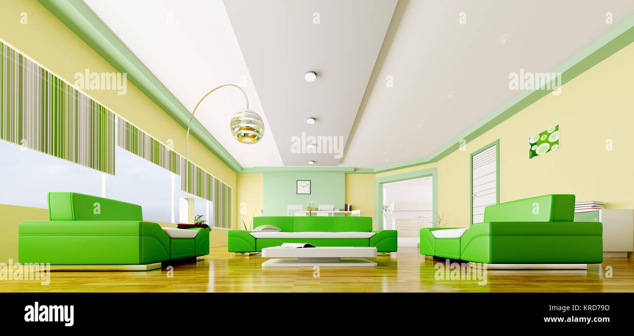 Interior of modern yellow green living room panorama 3d render Stock ...