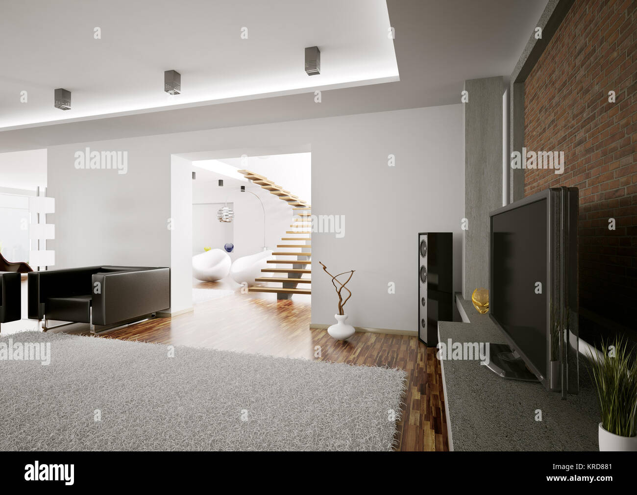 Modern Living room with lcd interior 3d render Stock Photo - Alamy
