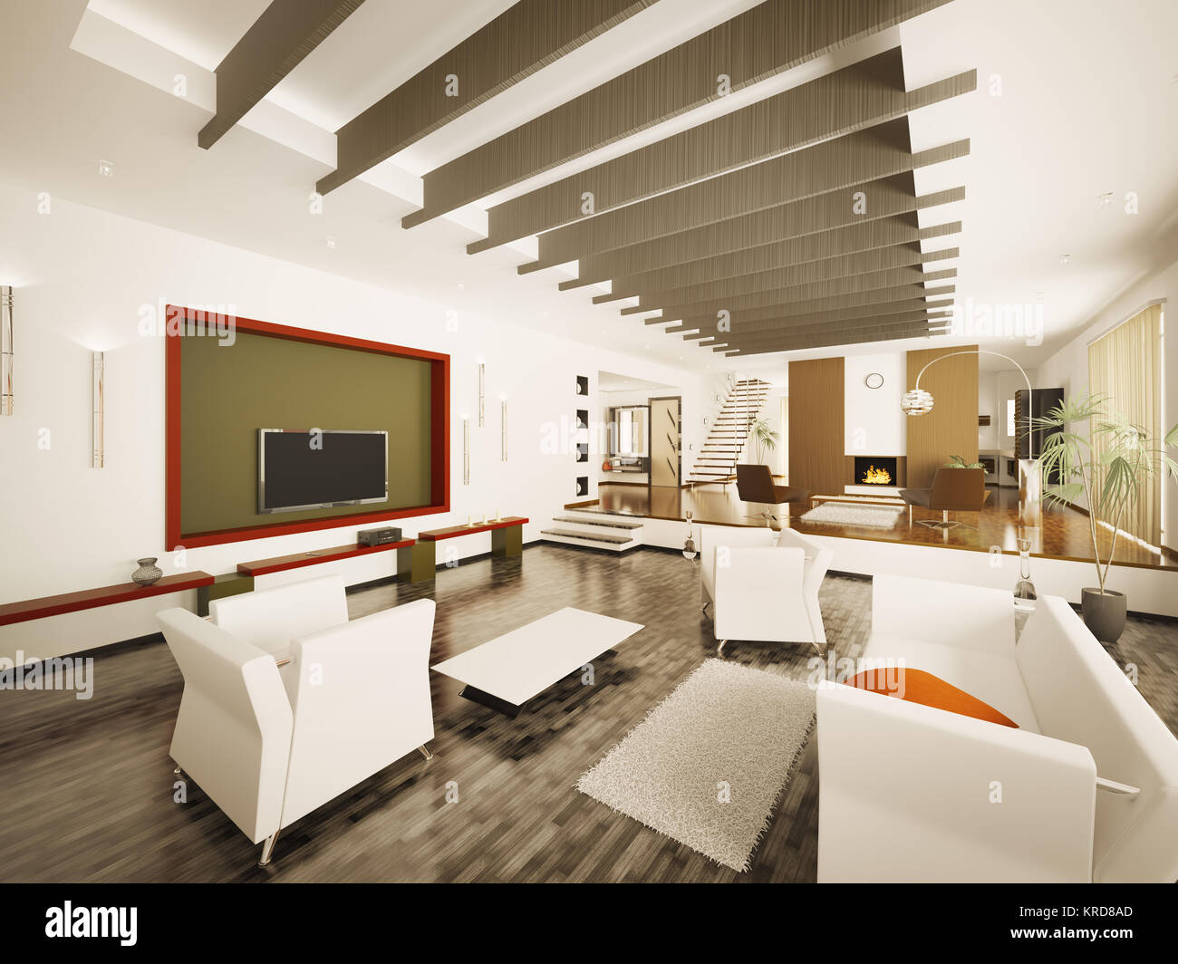 Interior of modern apartment with staircase 3d render Stock Photo - Alamy