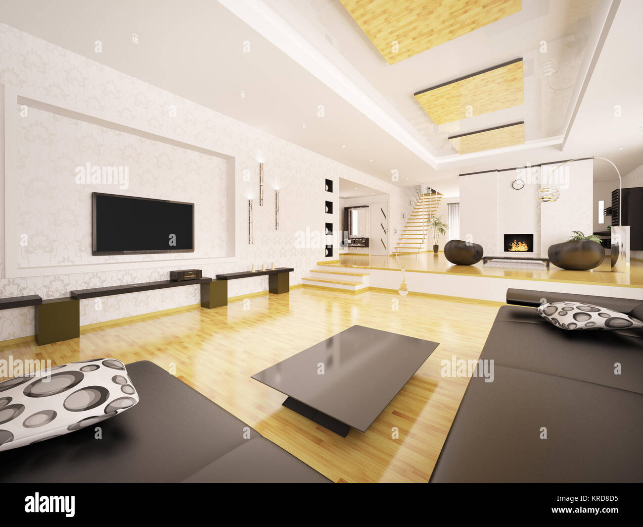 Interior of modern apartment with staircase 3d render Stock Photo - Alamy