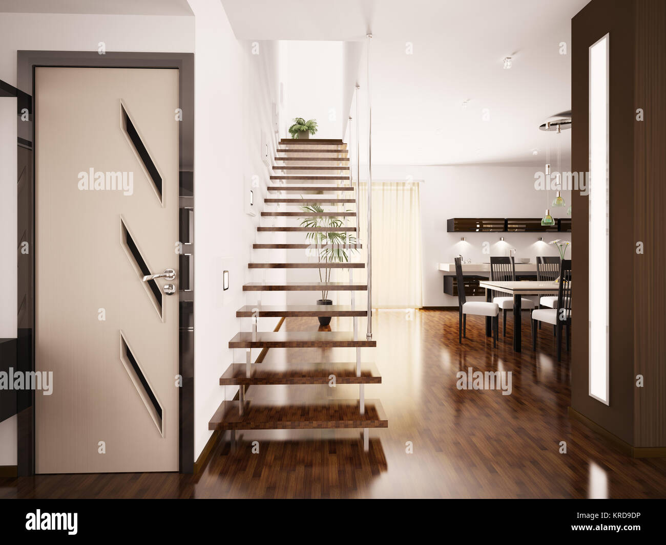 Modern interior of hall with staircase 3d render Stock Photo - Alamy