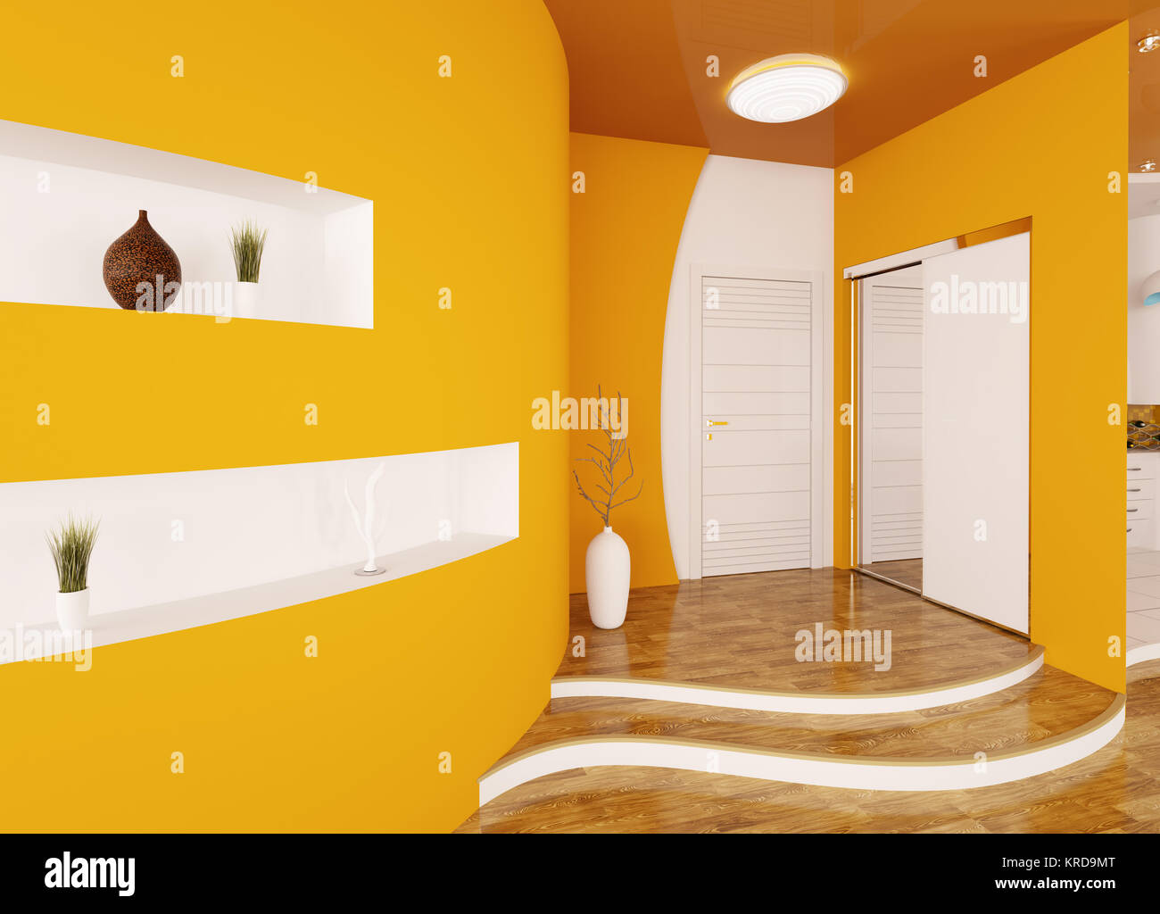 Modern interior of orange entrance hall 3d render Stock Photo - Alamy