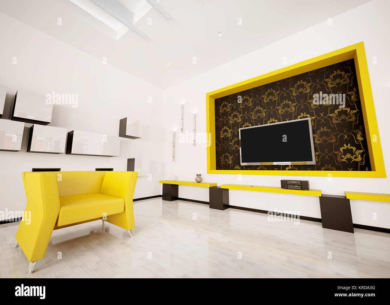 Modern interior of living room with LCD and armchair 3d render Stock ...