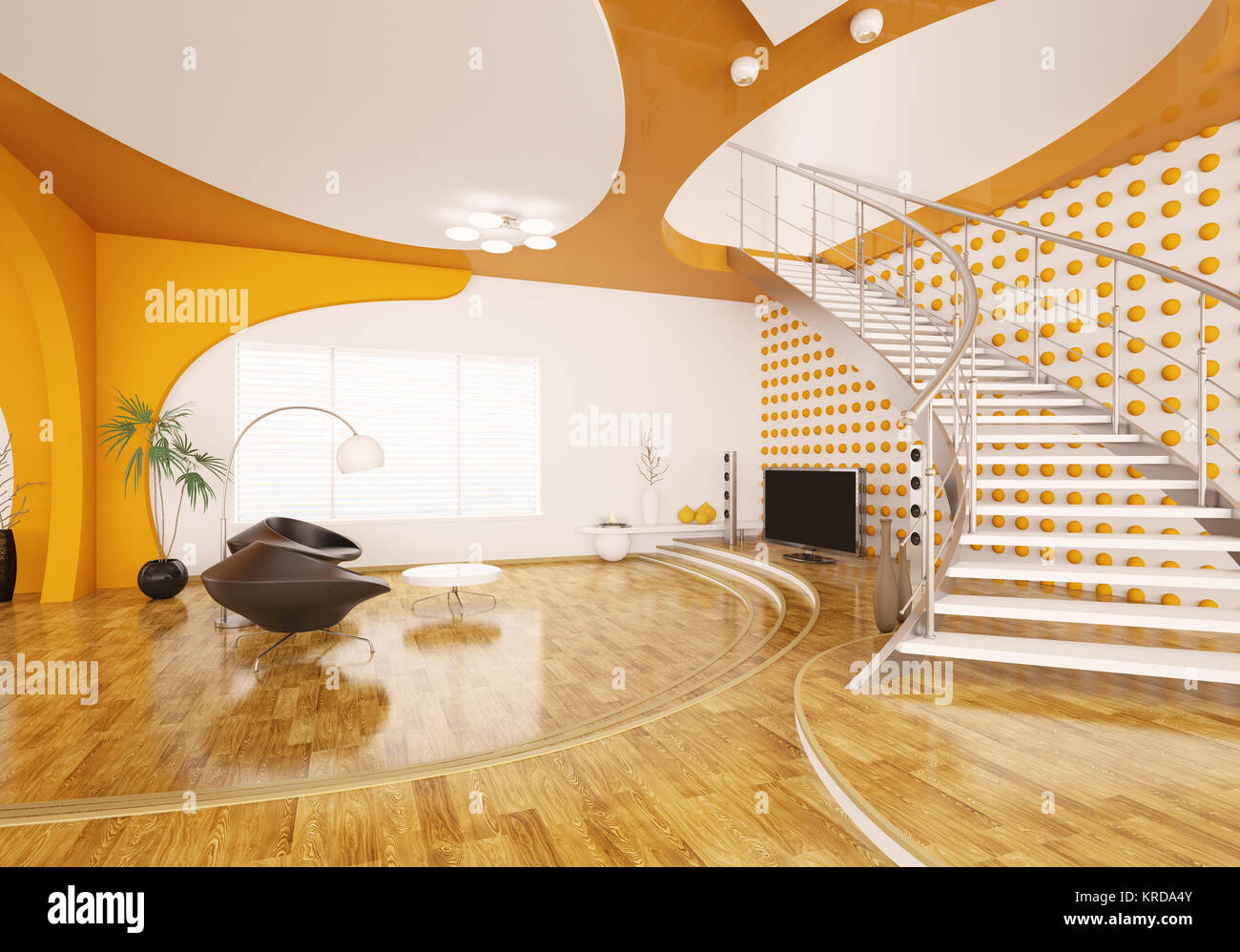 Modern interior design of living room with staircase 3d render Stock ...