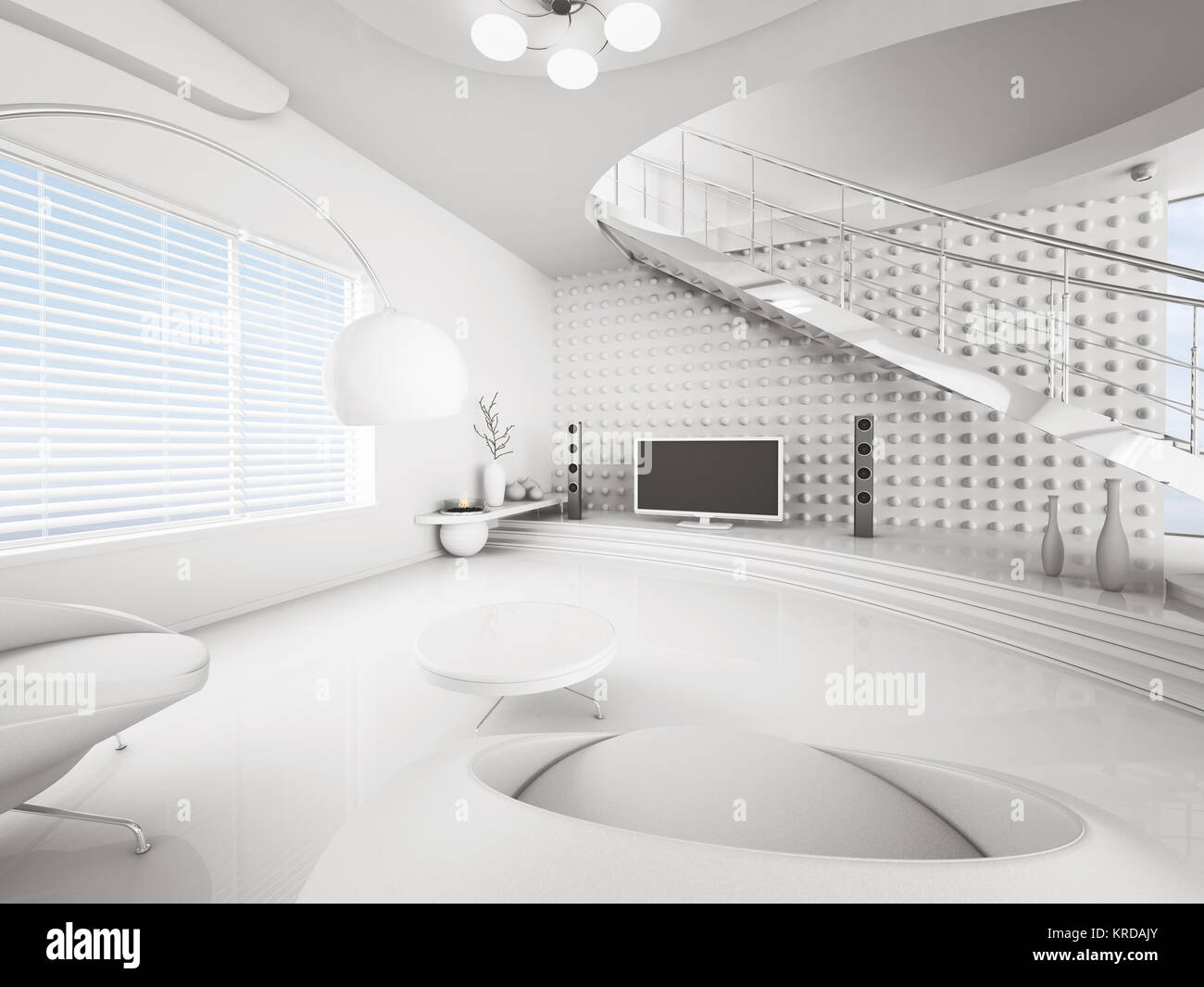 Modern interior of white living room with lcd 3d render Stock Photo - Alamy