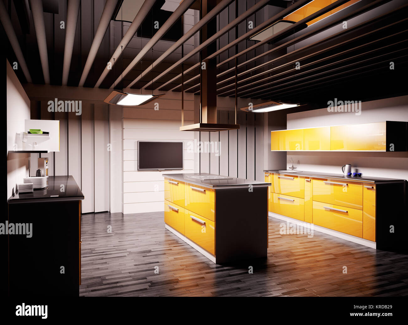 Interior of modern kitchen 3d render Stock Photo - Alamy