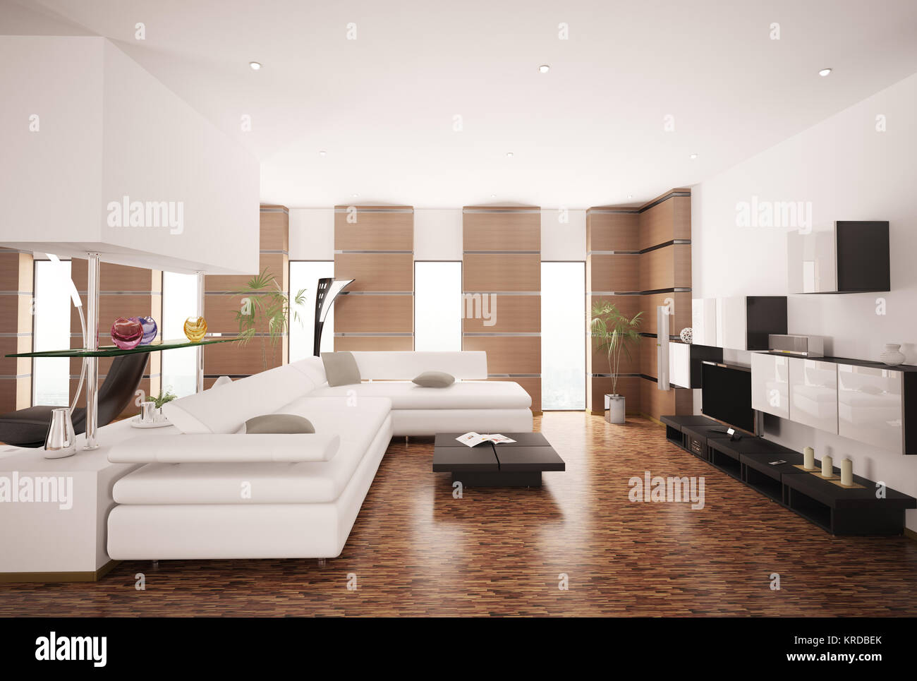 Modern living room with white sofa and LCD interior 3d render Stock ...