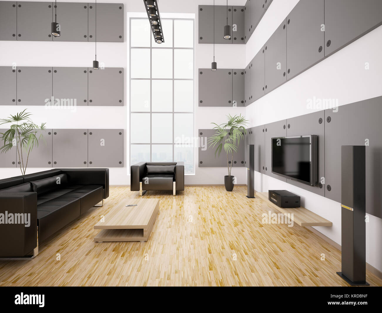 Living room with black sofa, armchair and lcd interior 3d render Stock ...