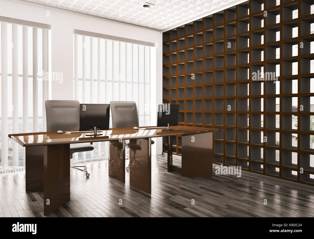 Modern office with computers interior 3d render Stock Photo - Alamy