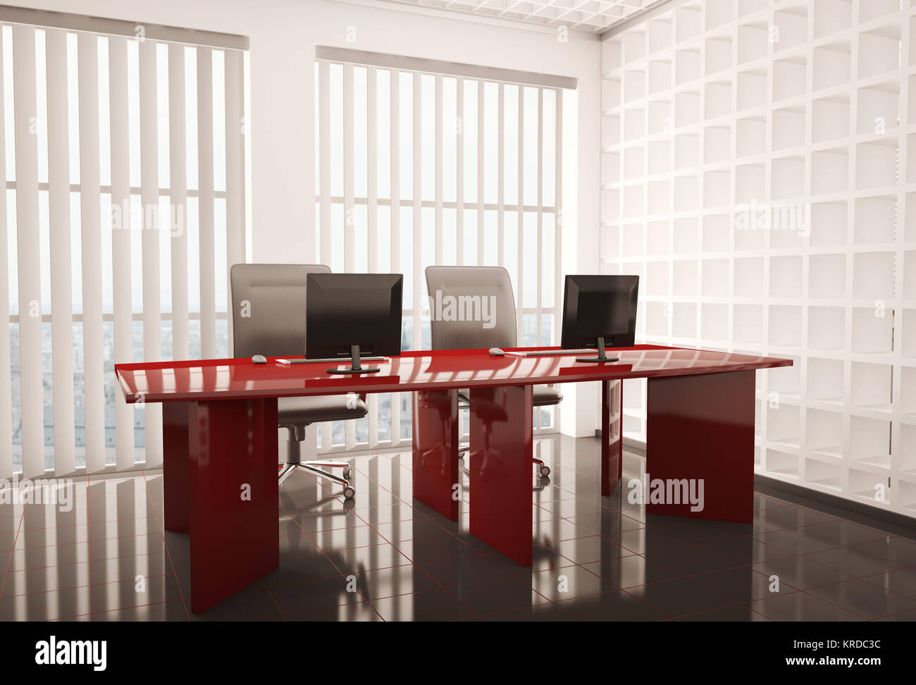 Modern office with computers interior 3d render Stock Photo - Alamy