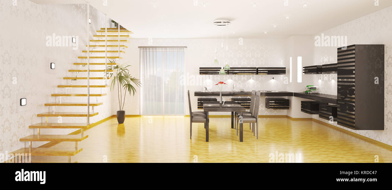 Interior of modern kitchen panorama 3d render Stock Photo - Alamy