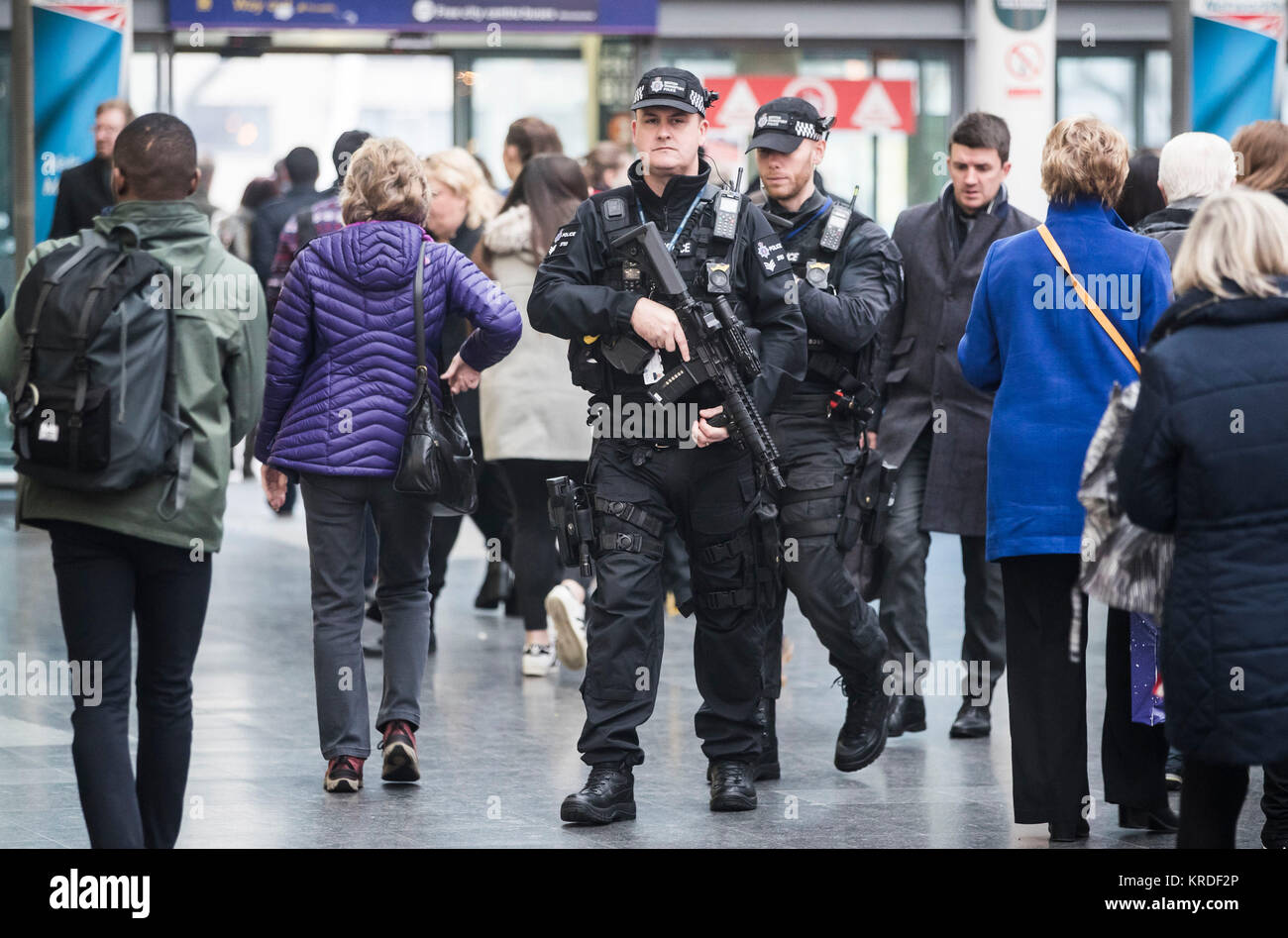 Armed British transport Police officers on patrol in Manchester ...