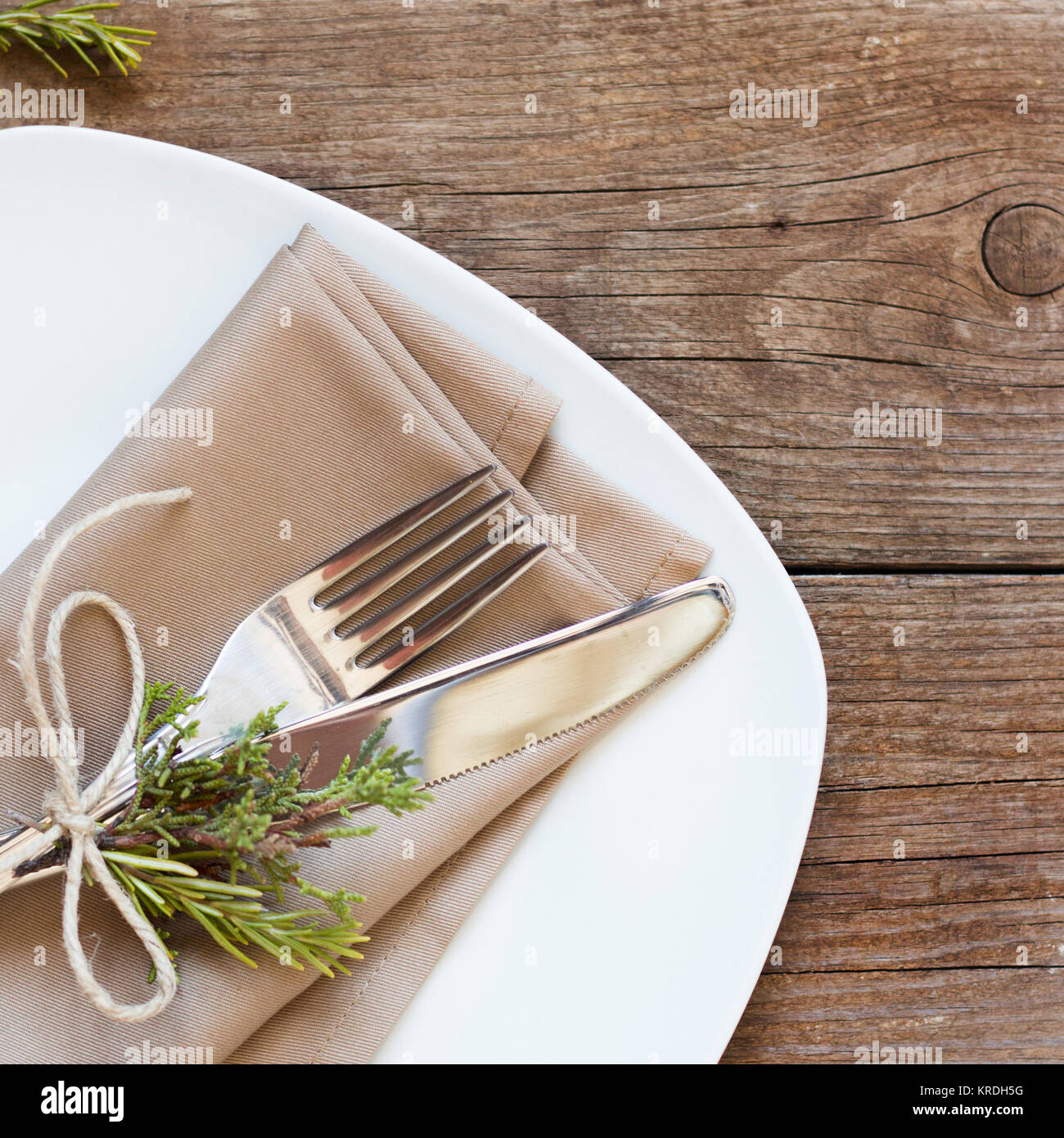Rustic Table setting on old wooden table Stock Photo - Alamy
