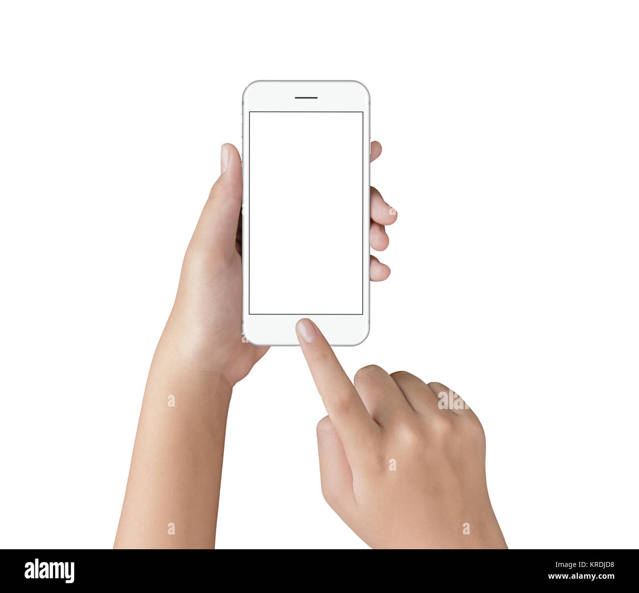 hand touching on white phone screen isolated with clipping path on ...