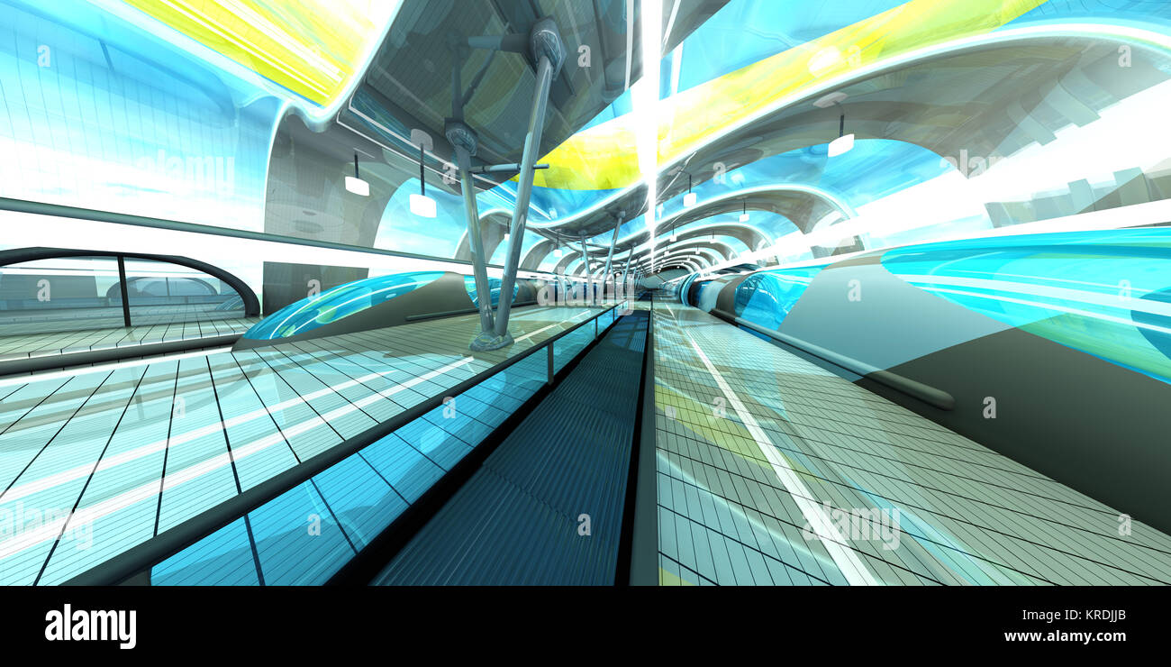 A futuristic subway or train station. 3D architecture visualization ...