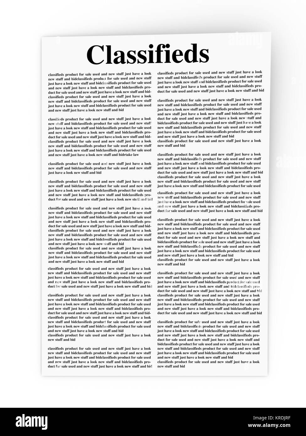 3D rendered Illustration. A sheet of classifieds. Isolated on white ...