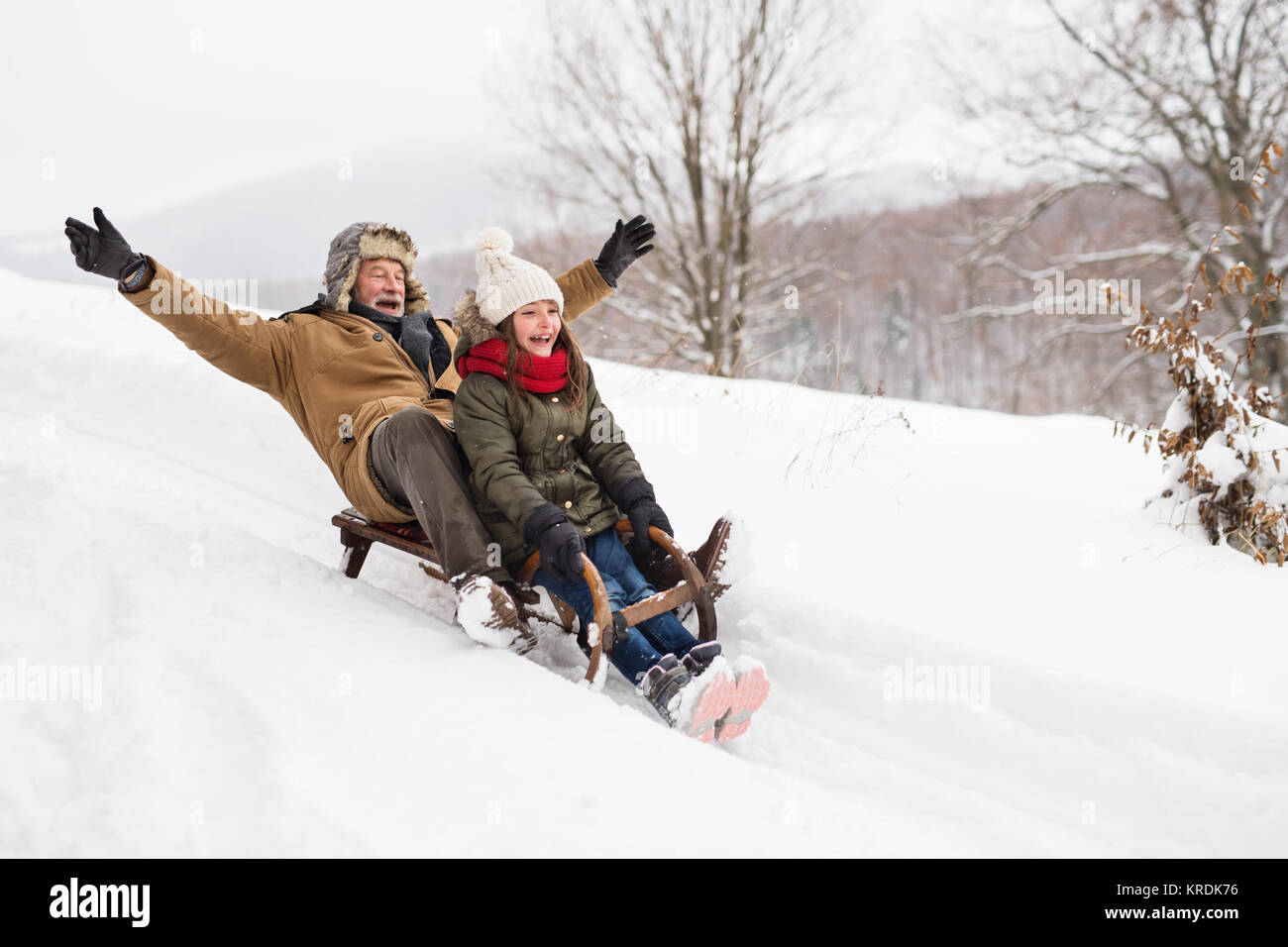 Grandfather and small girl sledging on a winter day Stock Photo - Alamy
