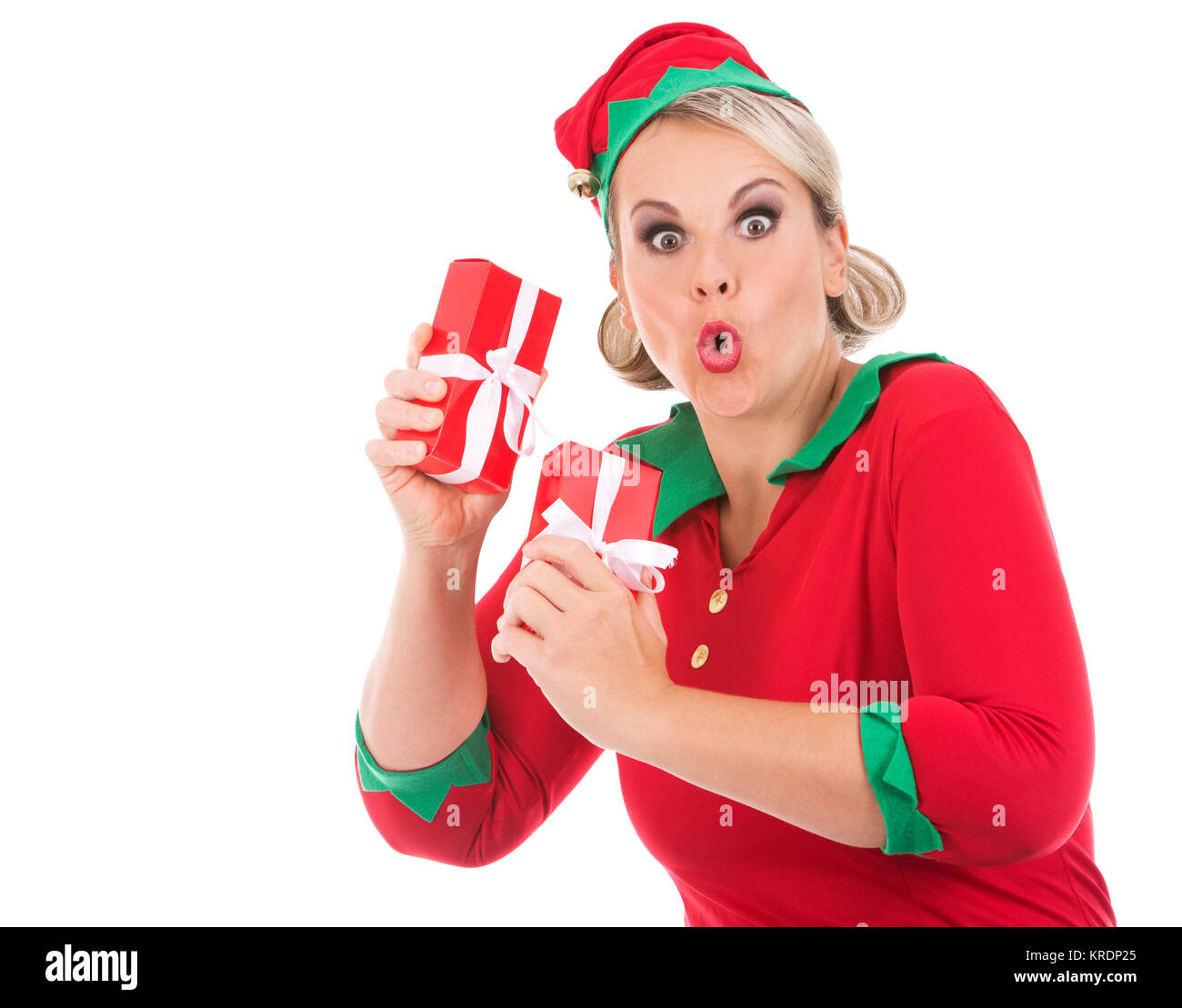 blond elf female holding presents Stock Photo - Alamy