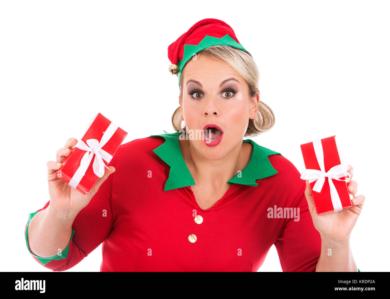blond elf female holding presents Stock Photo - Alamy