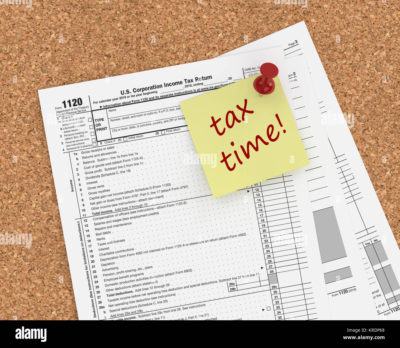 note with tax time text and 1120 tax form pinned to pin board Stock ...