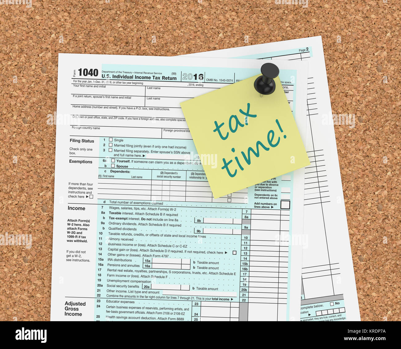 note with tax time text and 1040 tax form pinned to pin board Stock ...