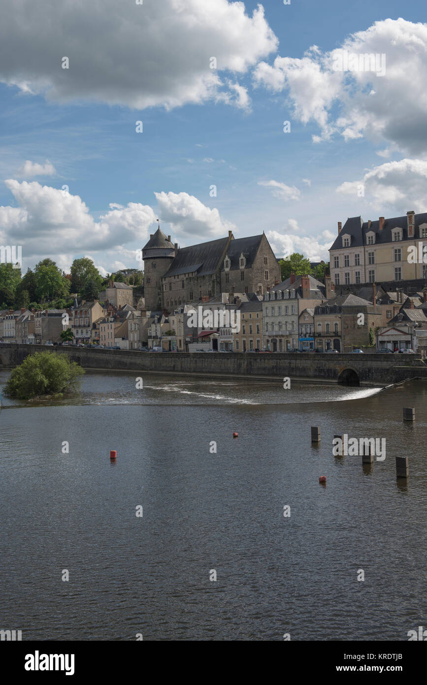 View looking South along the Mayenne River which flows through Laval, a ...
