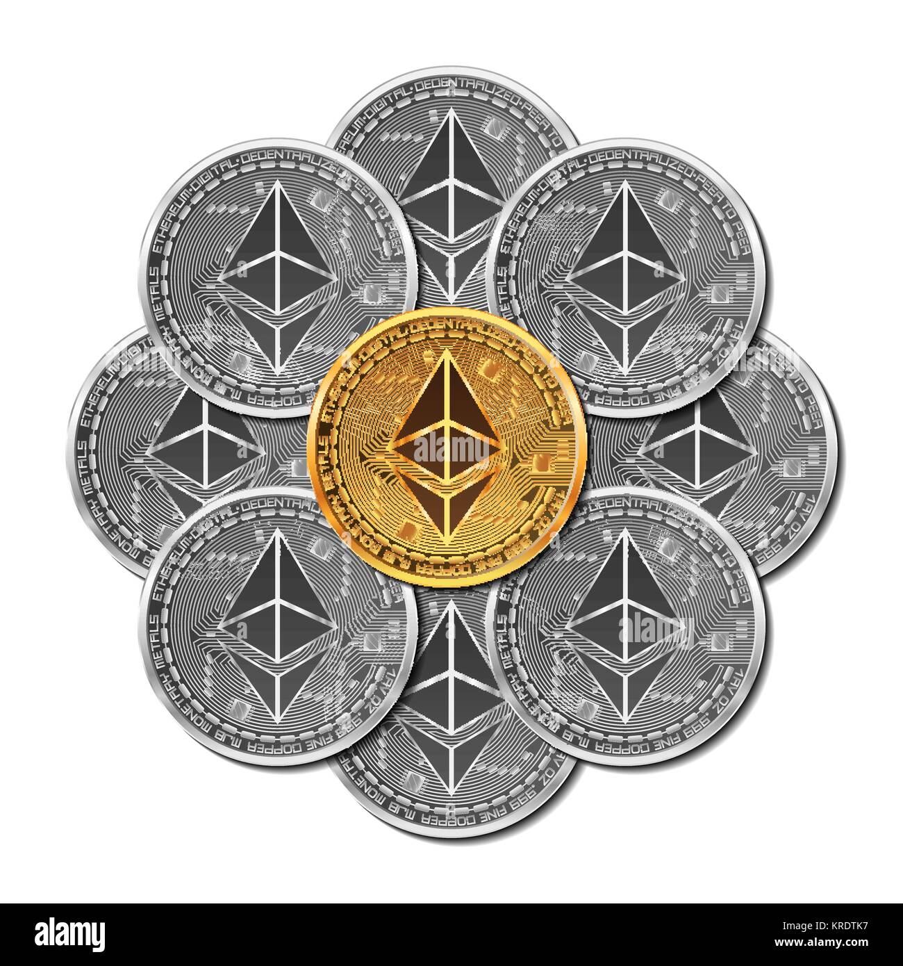 Set of mixed gold and silver crypto currency coins with ethereu symbol ...