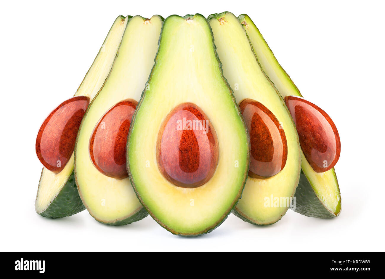 Group of five avocados with oily stones isolated on white, with ...