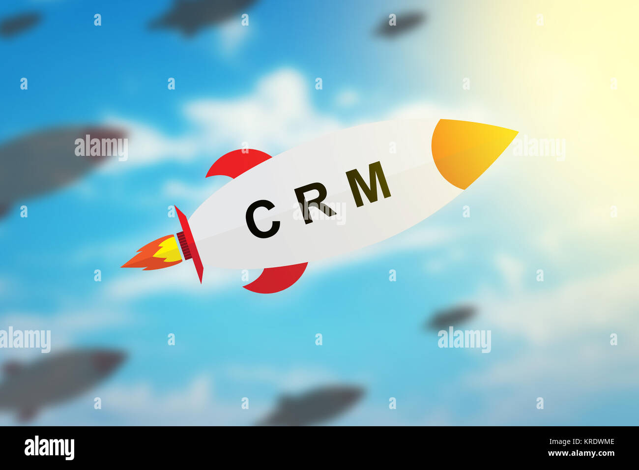 group of CRM or Customer relationship management flat design rocket ...
