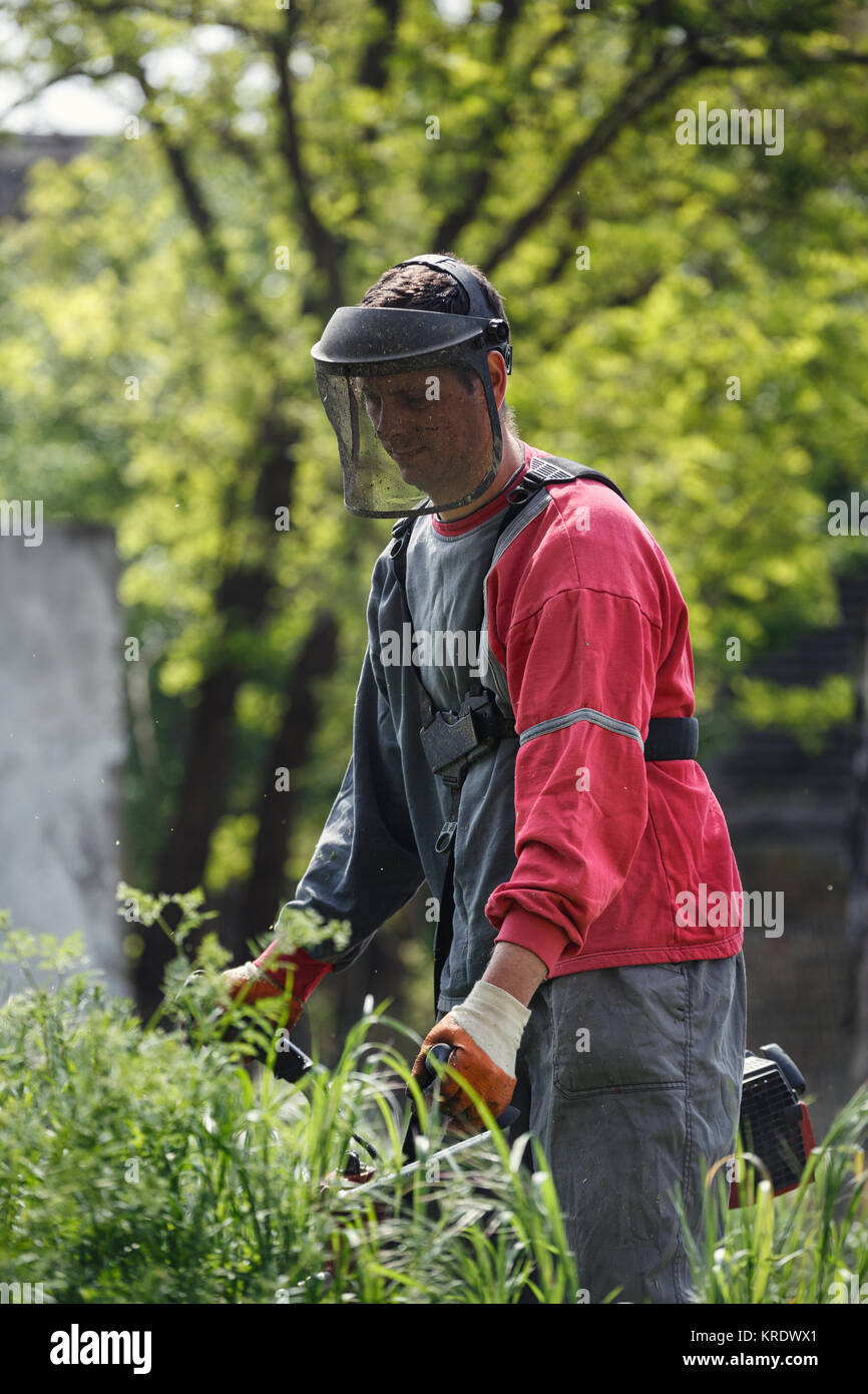 worker man with power tool string lawn trimmer mower cutting grass in ...