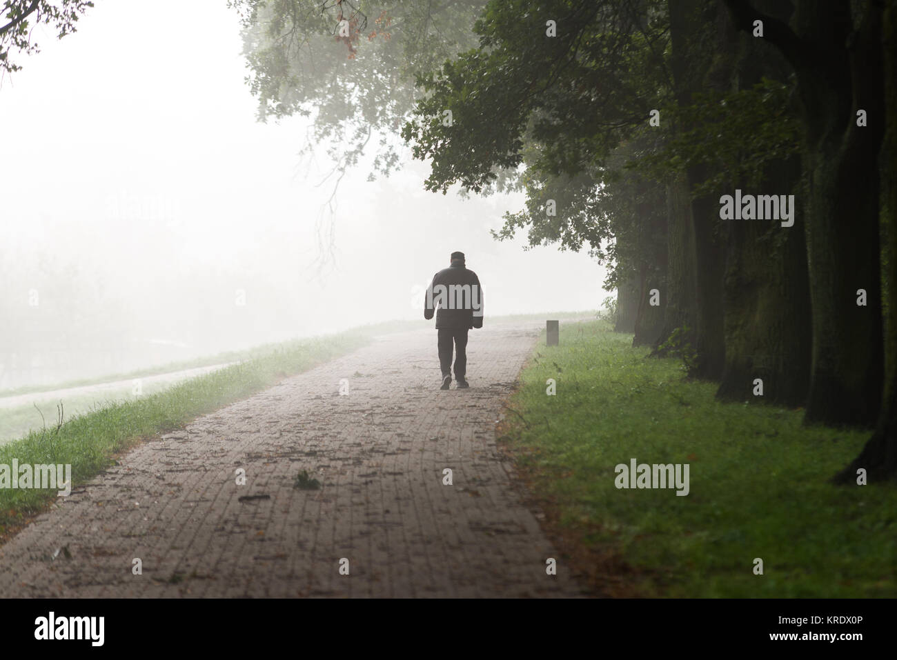 Old man walk into the fog Stock Photo - Alamy