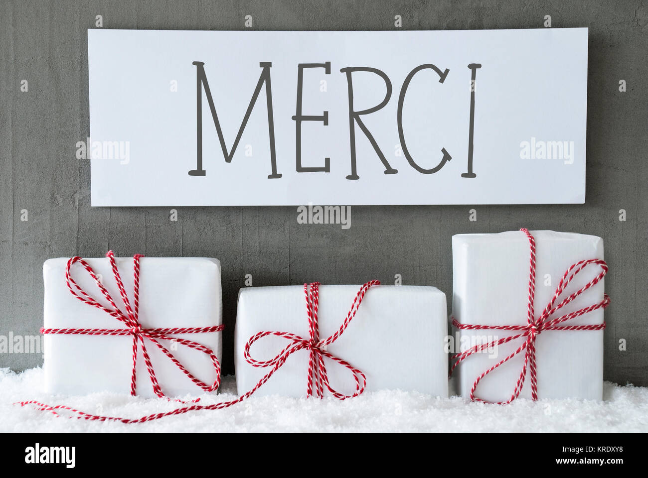 Label With French Text Merci Means Thank You. Three Christmas Gifts Or ...
